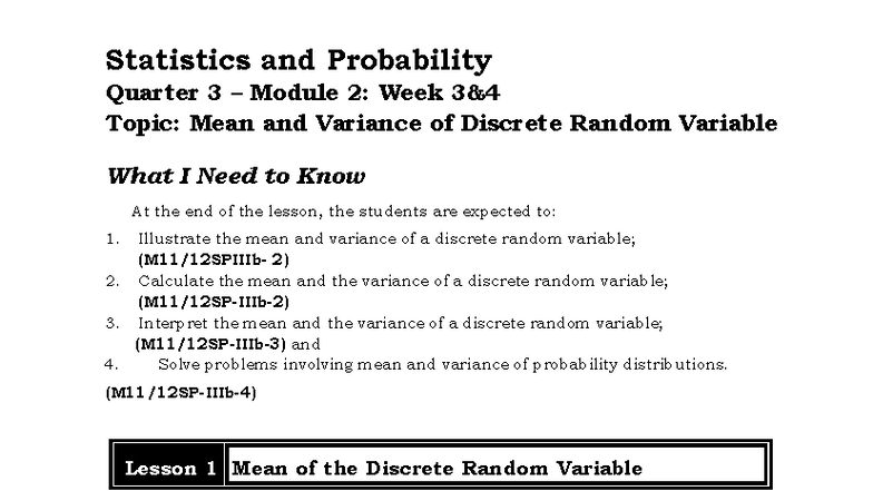 3rd Quarter Module 2 Week 34: Mean & Variance of Discrete Random Variables - Studocu