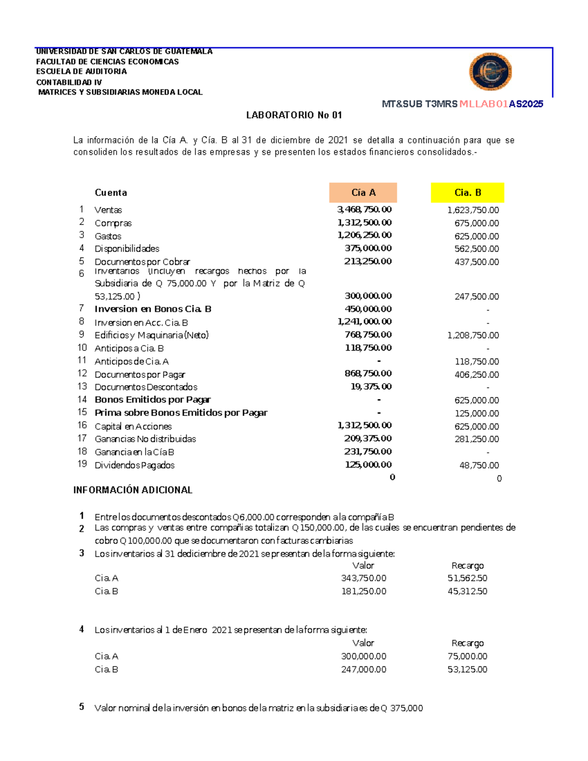 Contabilidad IV T3MRS MLLAB01AS2025 Laboratorio No 01: Matrices y ...