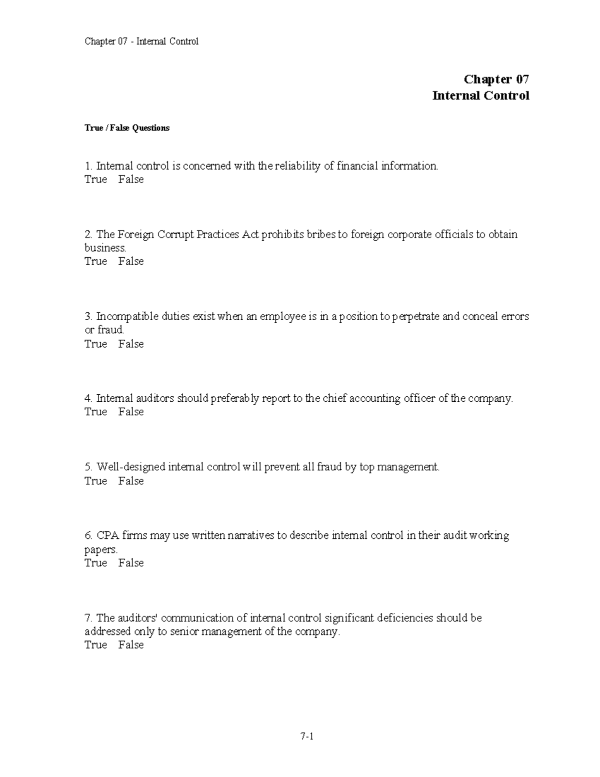 Chapter 07: Understanding Internal Control - Key Concepts & Questions - Studocu