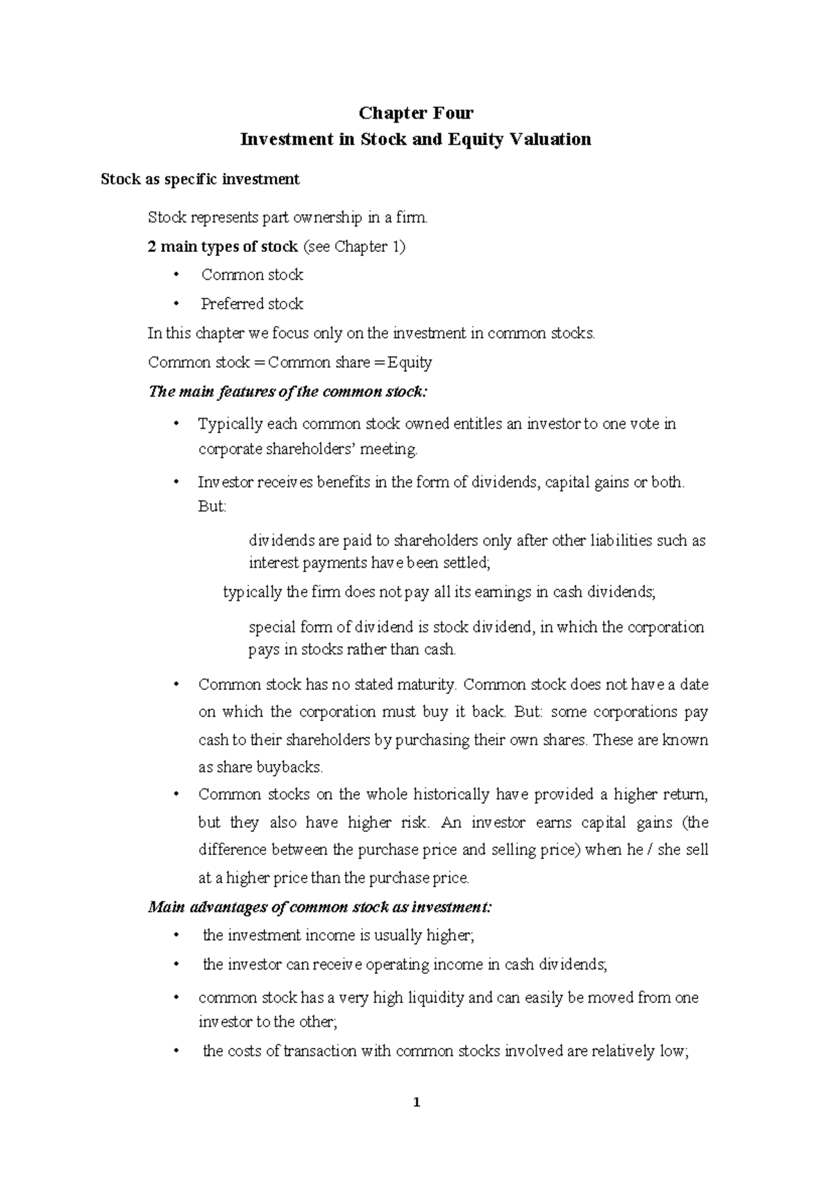 Chapter 4: Investment in Common Stocks and Equity Valuation - Studocu