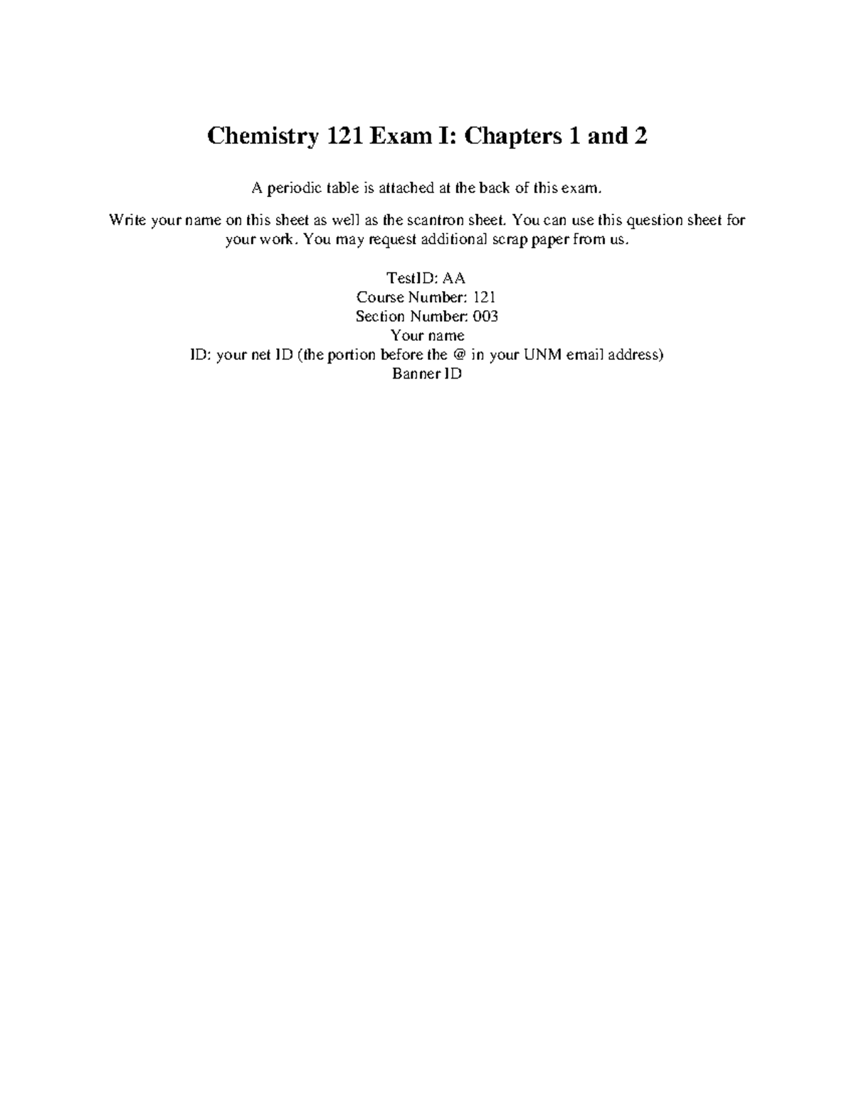 Chemistry 121 Exam I: Practice Questions for Chapters 1 & 2 - Studocu