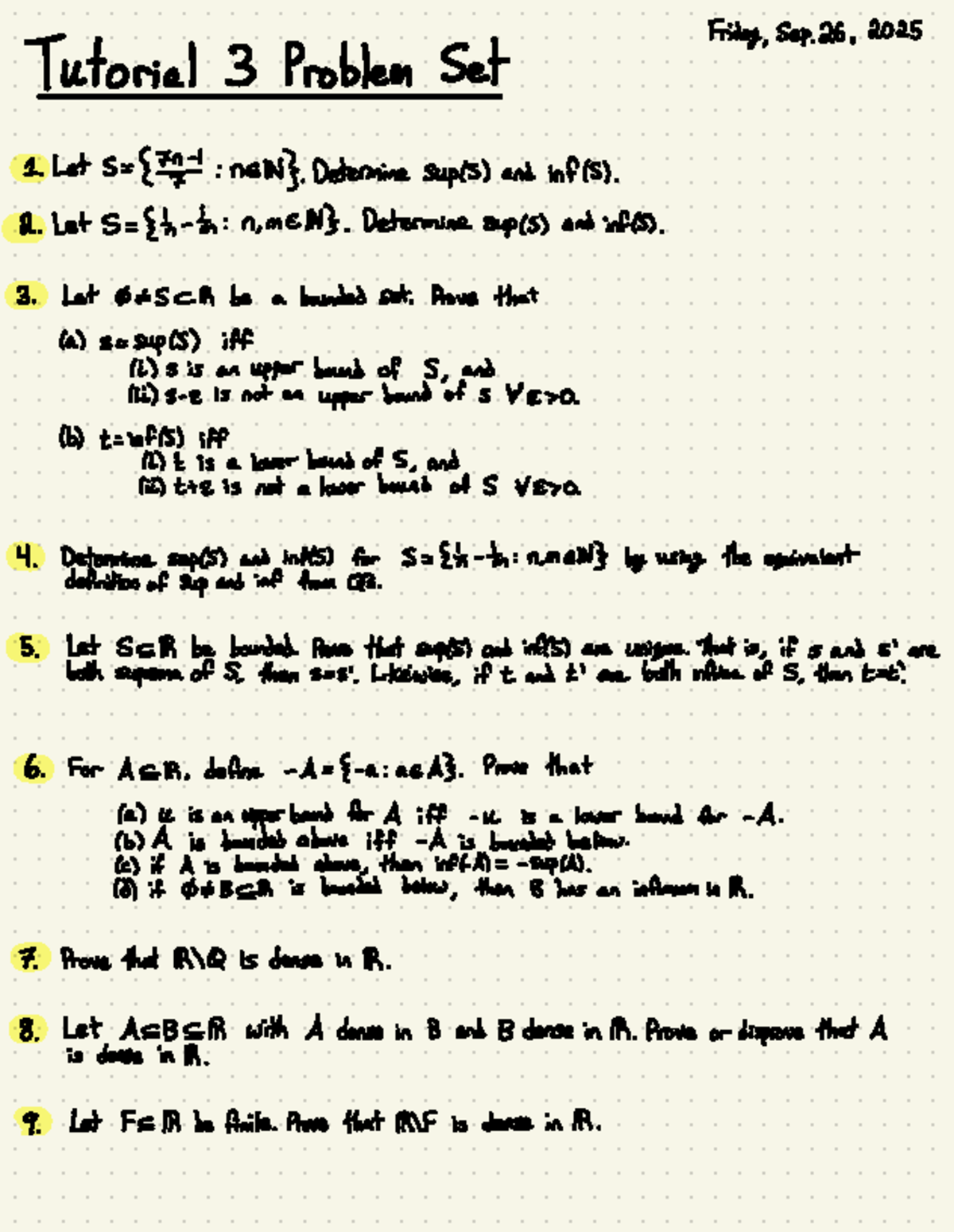 Tutorial 3 Problem Set: Determining Supremum and Infimum in Real Analysis - Studocu