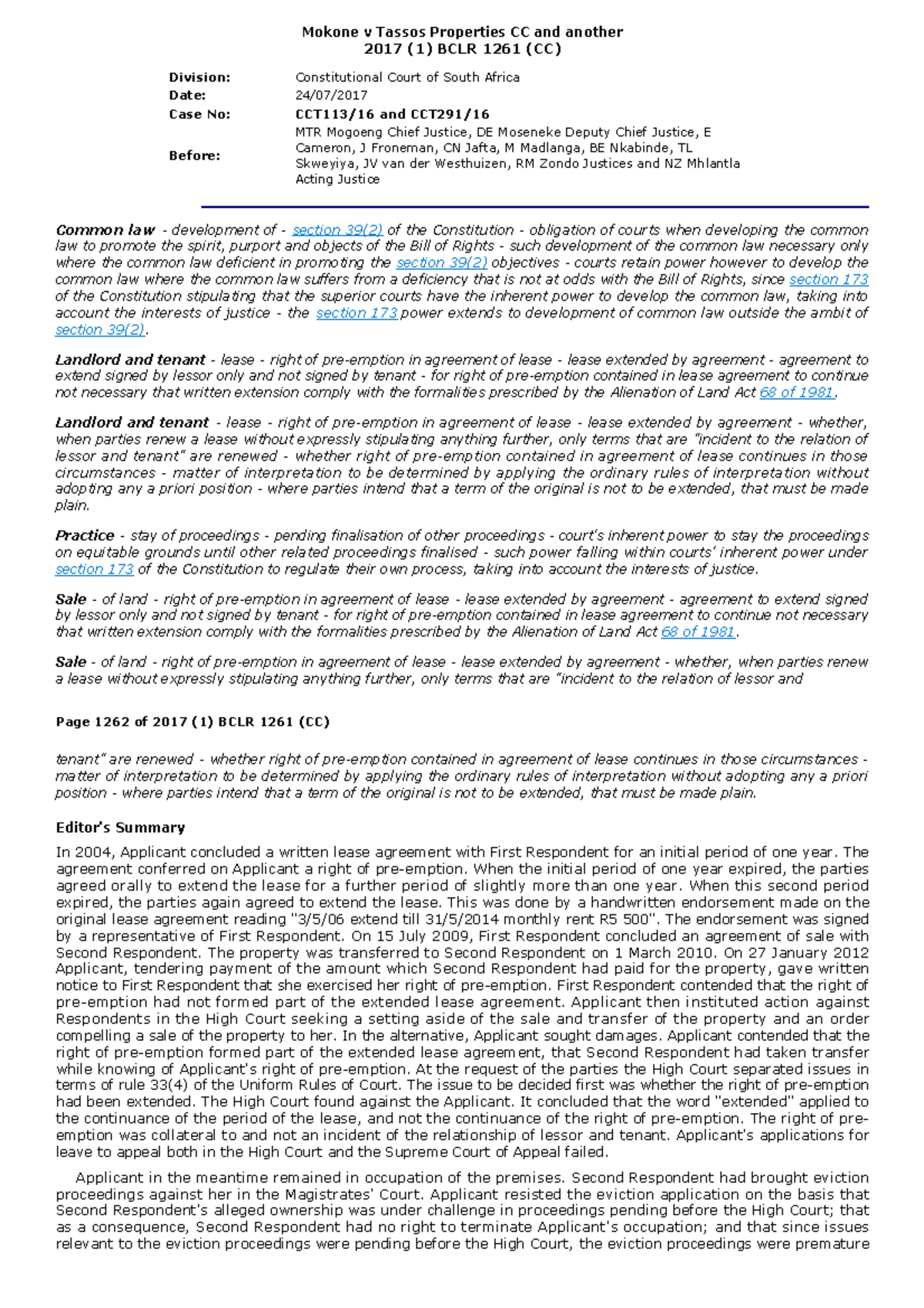 Mokone v Tassos Properties CC: Constitutional Court Ruling on Lease ...