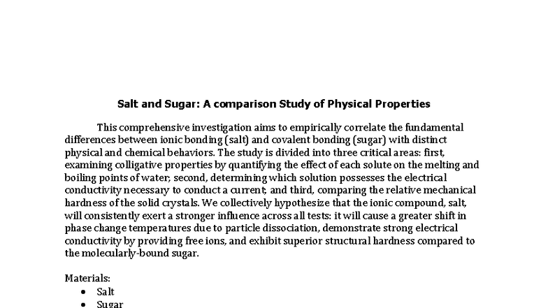 CHEM-2: Comparative Study of Physical Properties of Salt vs. Sugar ...