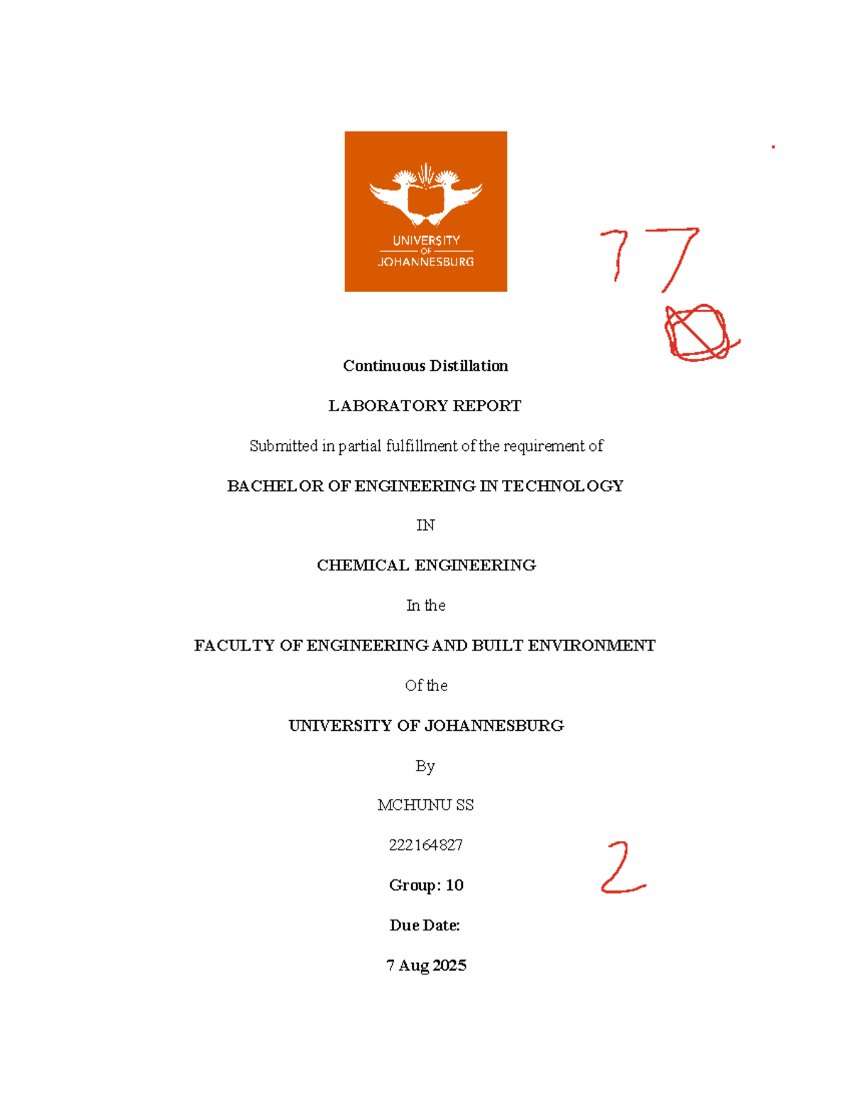 Continuous Distillation Laboratory Report - CHE 2025 - Studocu