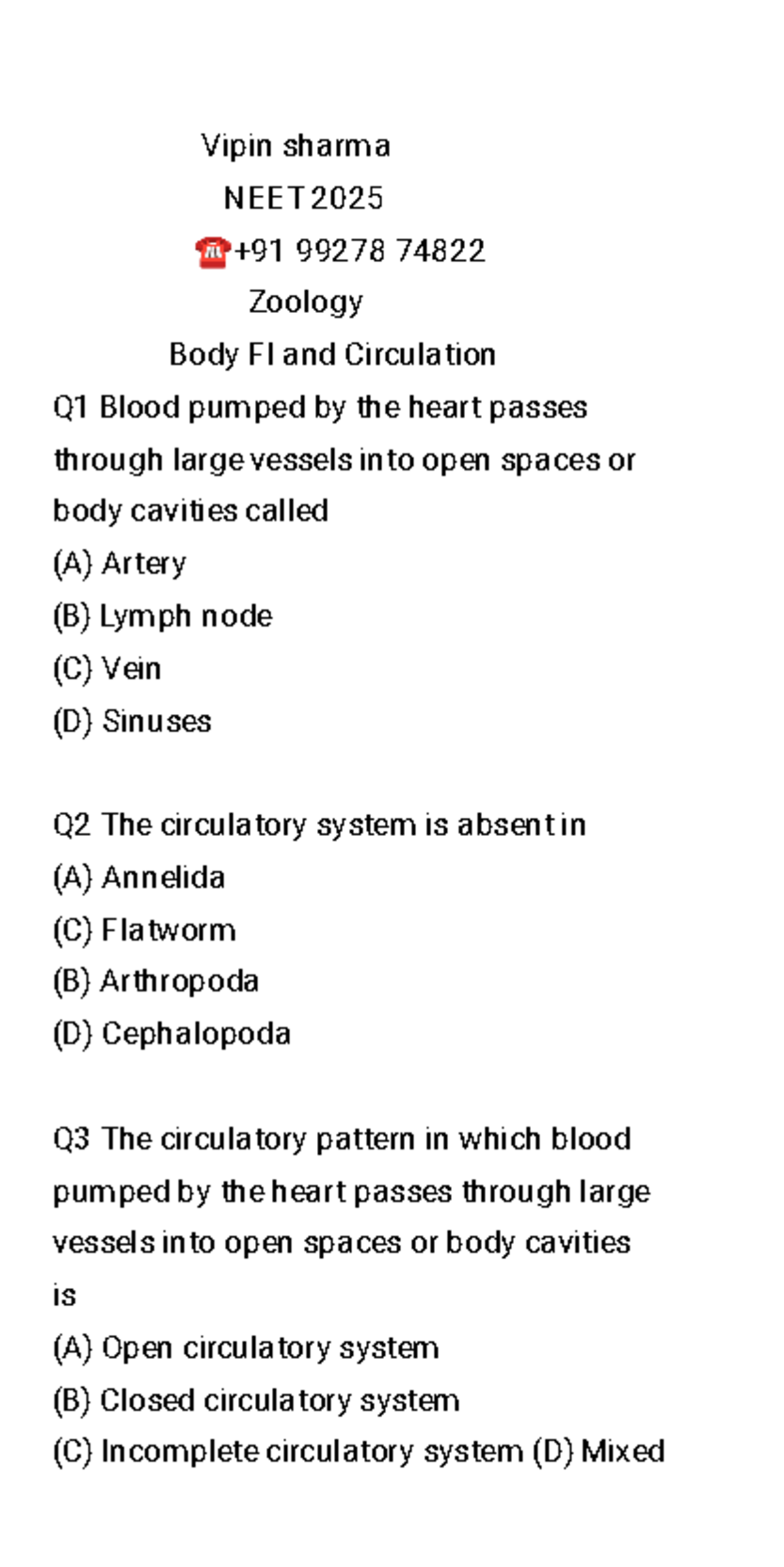 NEET 2025: Body Fluids and Circulation Study Guide by Vipin Sharma - Studocu
