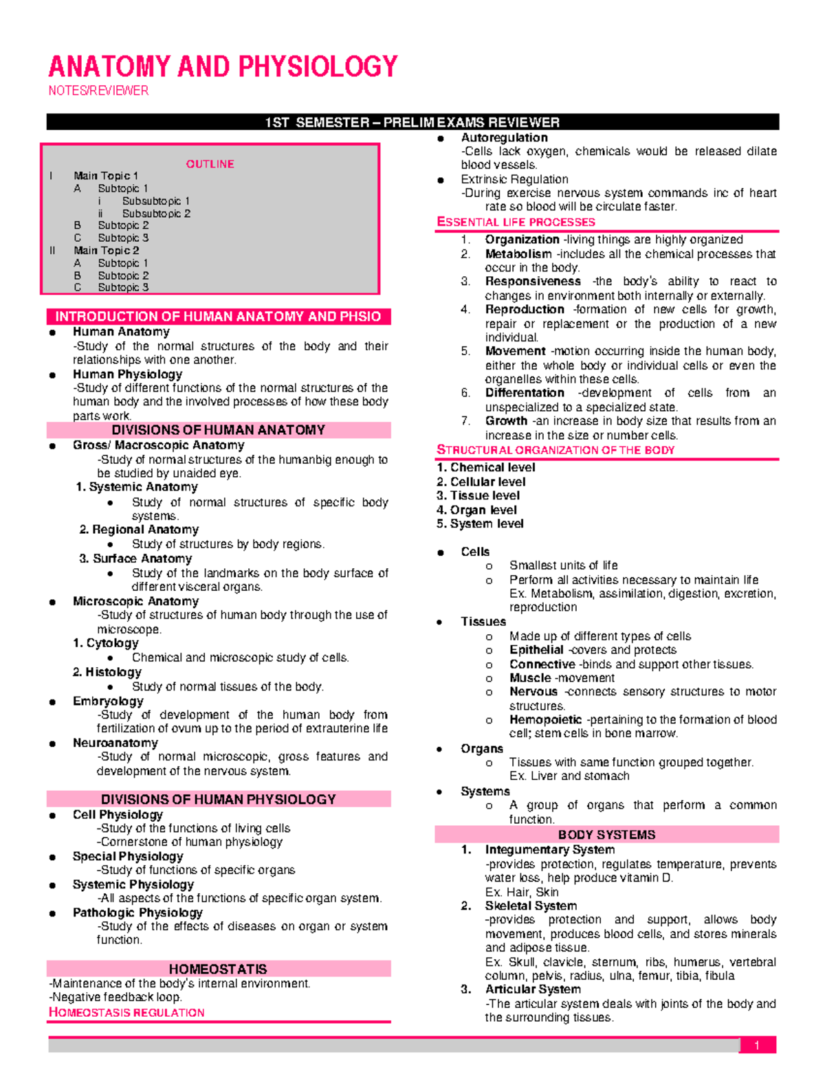 Anatomy & Physiology Notes: 1st Sem Preliminary Exam Reviewer - Studocu