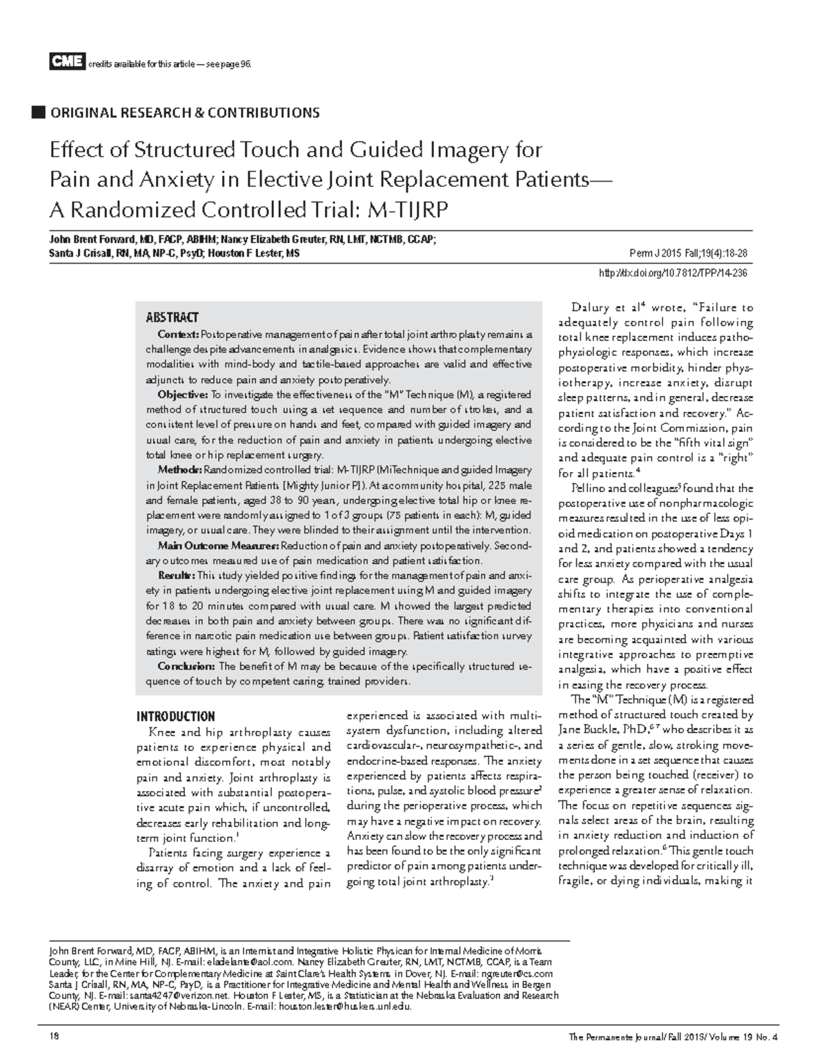 Effect of M Technique on Pain & Anxiety in Elective Joint Replacement ...