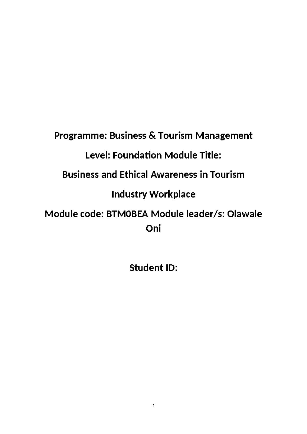 BTM0BEA: Business & Ethical Awareness in Tourism Industry - Studocu