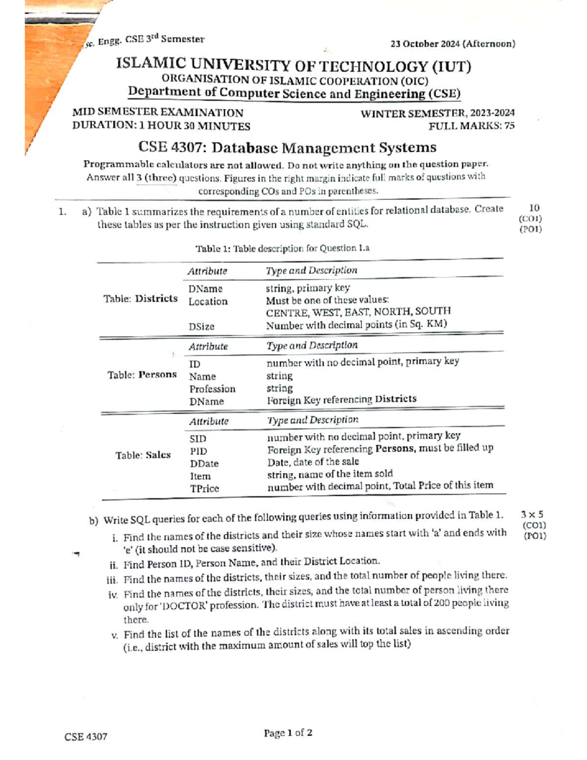 SQL Queries and Database Design for Course 4307 (CO1, PO1) - Studocu