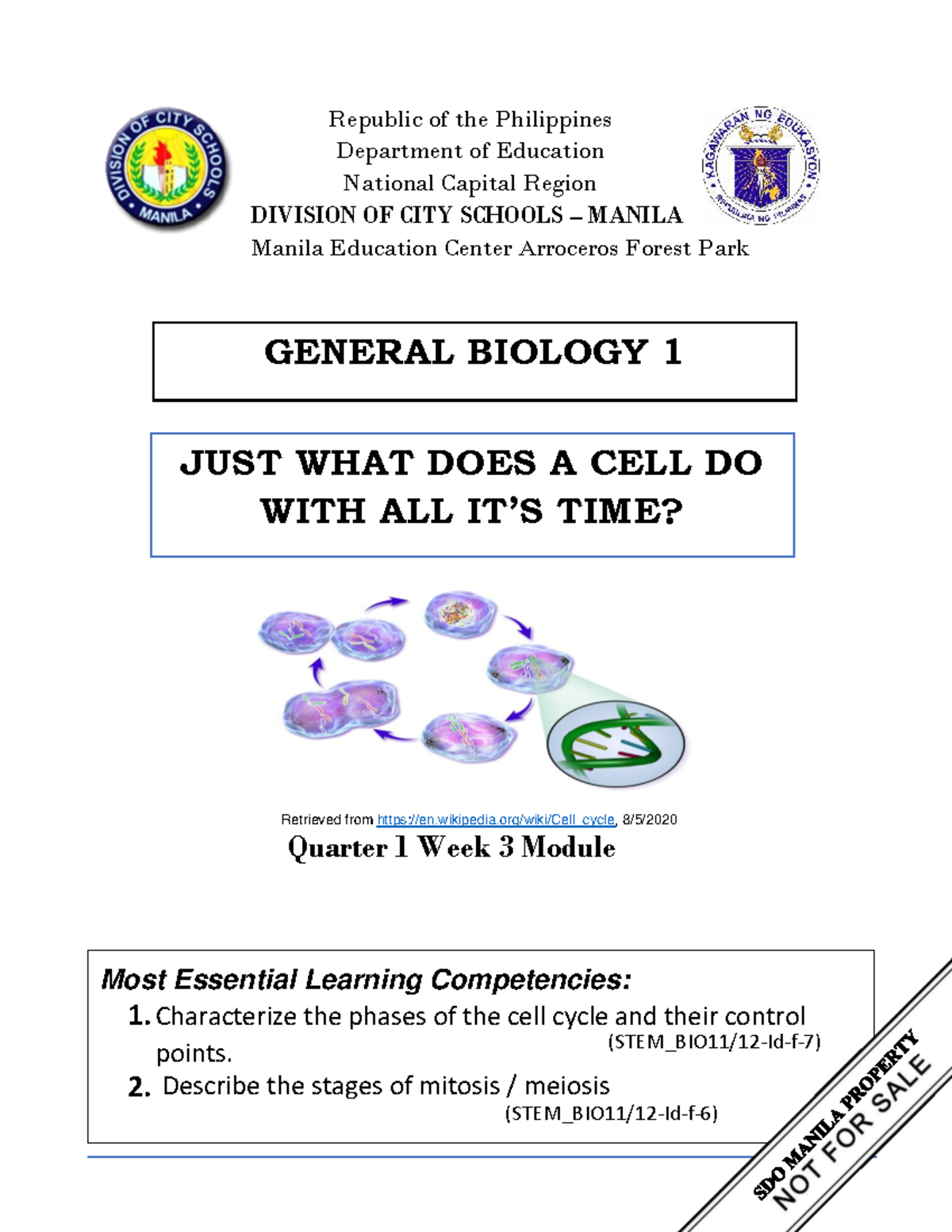 GENERAL BIOLOGY 1: CELL CYCLE, MITOSIS & MEIOSIS MODULE Q1 - Studocu