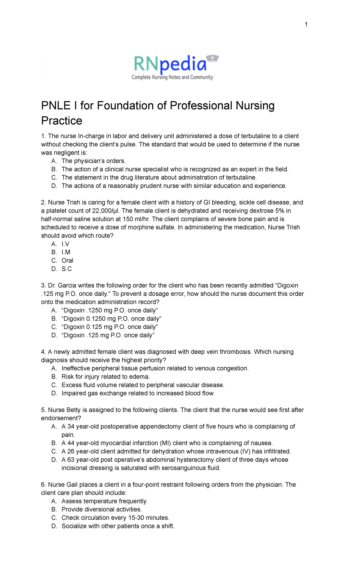 PNLE I Foundation of Professional Nursing: Practice Questions and ...