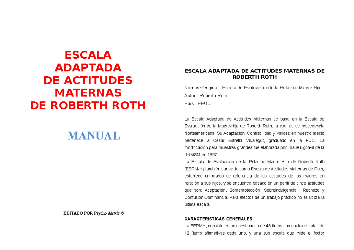 Manual de Escala Adaptada de Actitudes Maternas de Roth (EAM) - Studocu