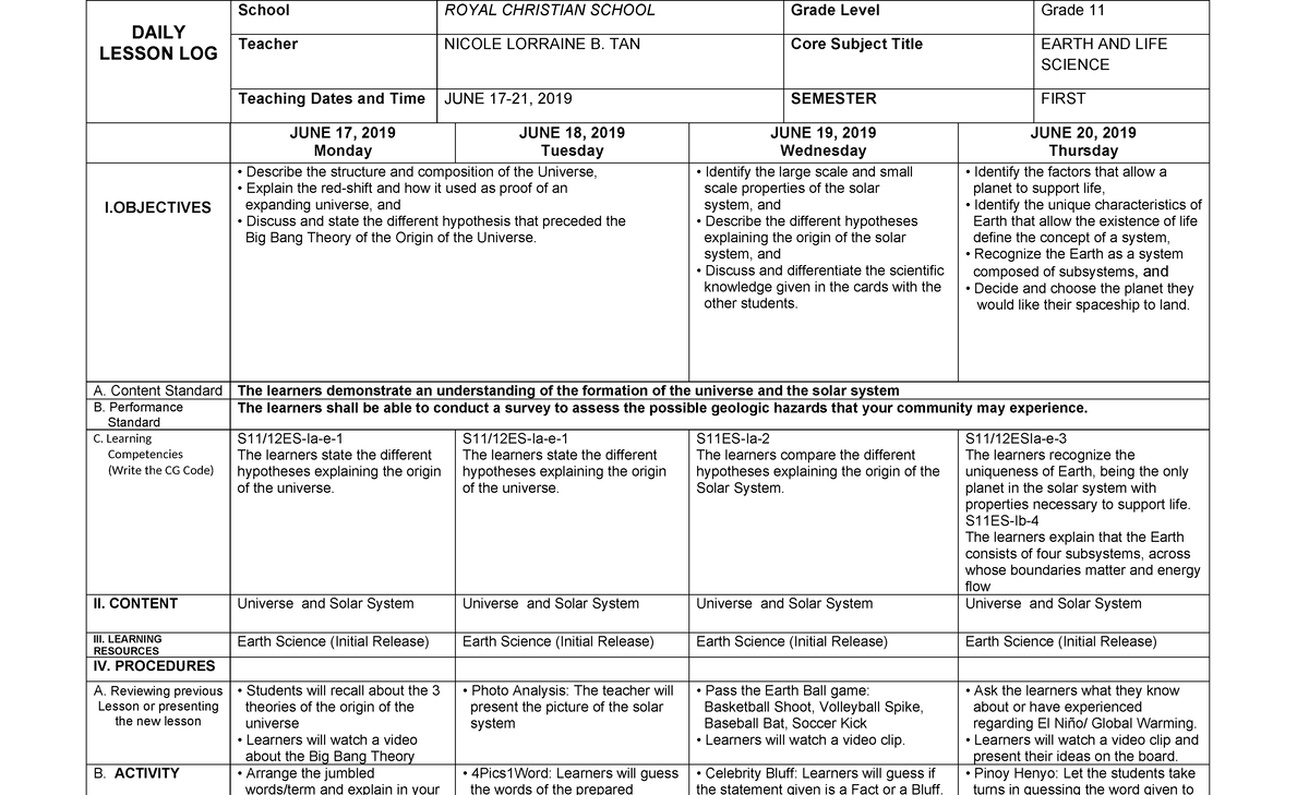 Daily Lesson Log in Earth and Life Scien - DAILY LESSON LOG School ...