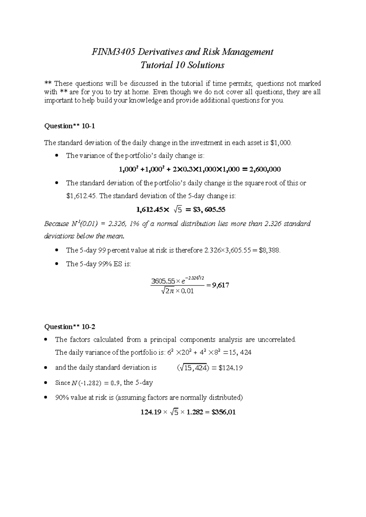 FINM3405 Tutorial 10 Solutions: Derivatives & Risk Management Insights ...