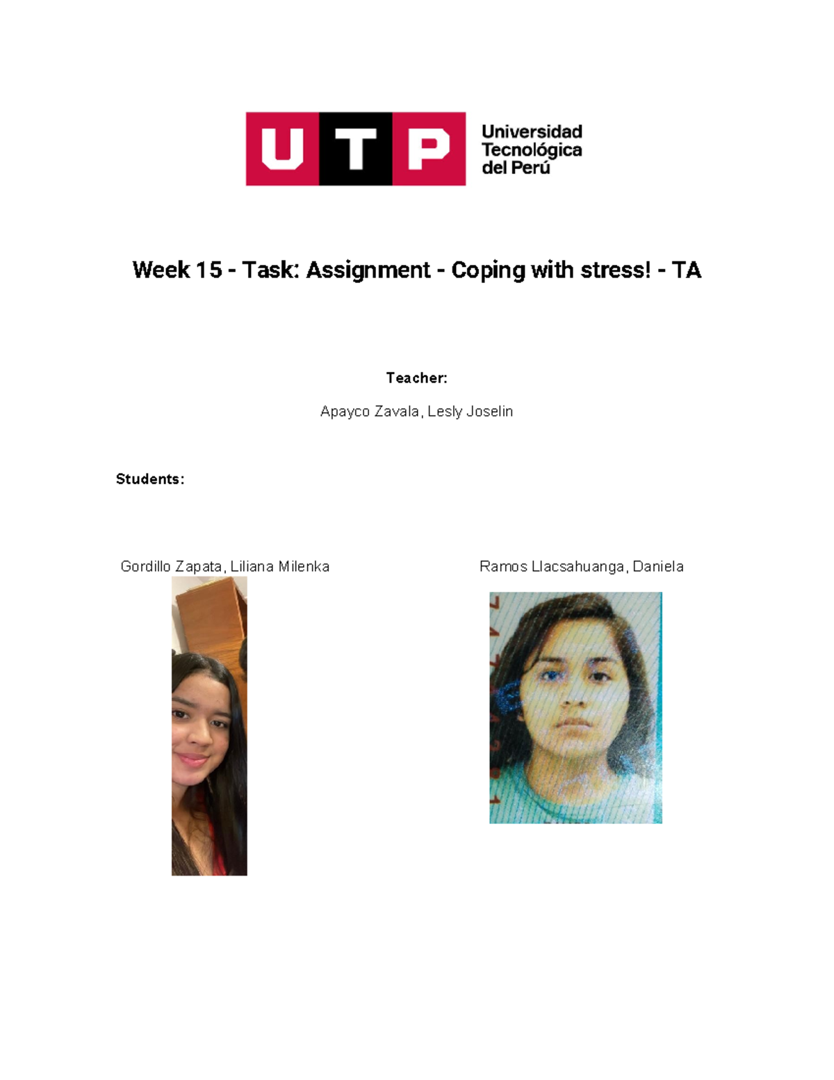 Week 15 Task: Coping with Stress Assignment - TA Apayco Zavala - Studocu