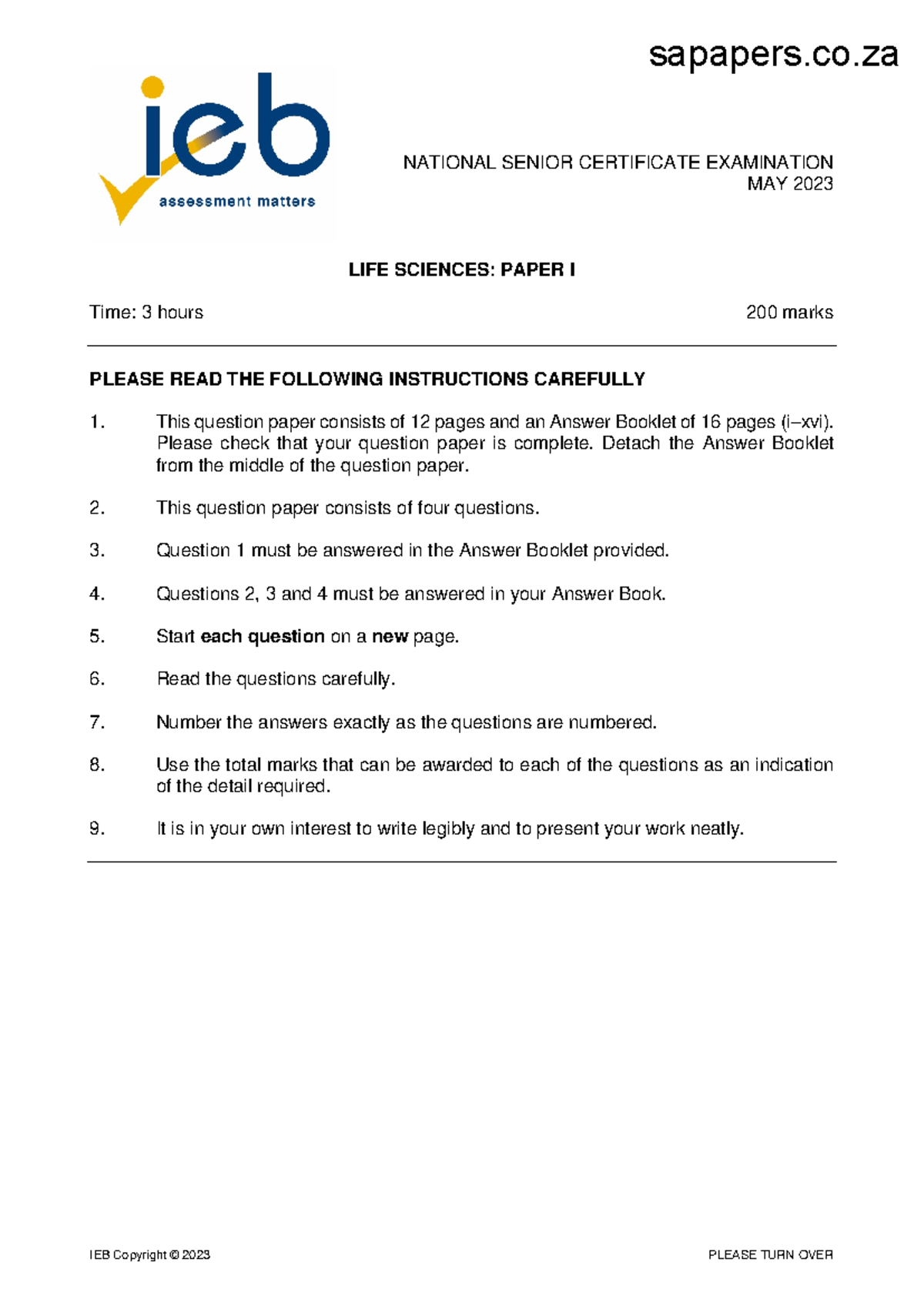Life Sciences P1 Final Exam May 2023: Comprehensive Question Paper ...