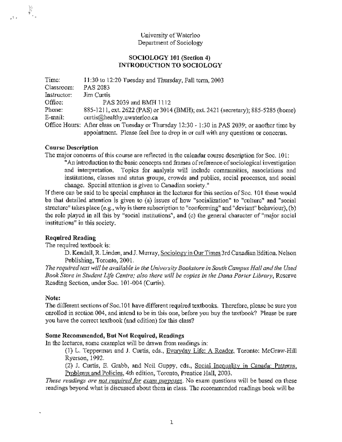 Soc 101 Course Outline Introduction To Sociology Fall 2003 Sec 04