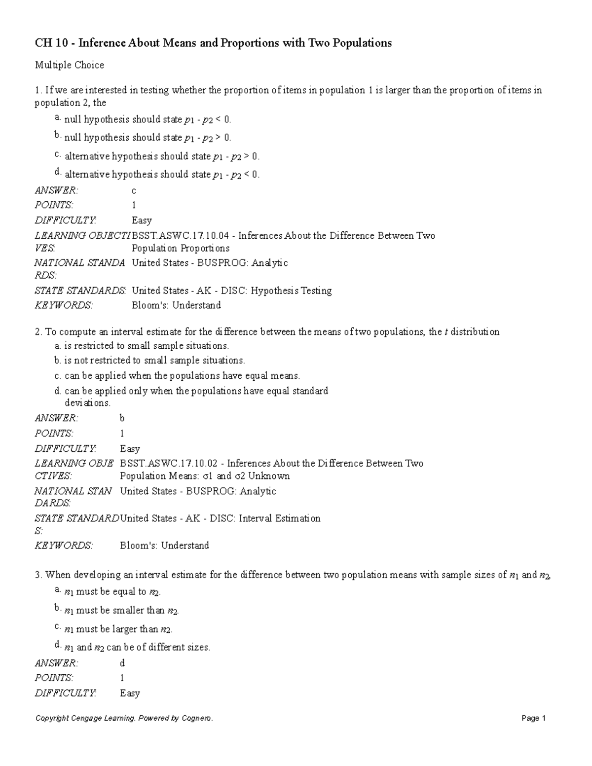 CH 10: Inferences About Means & Proportions for Two Populations - Studocu