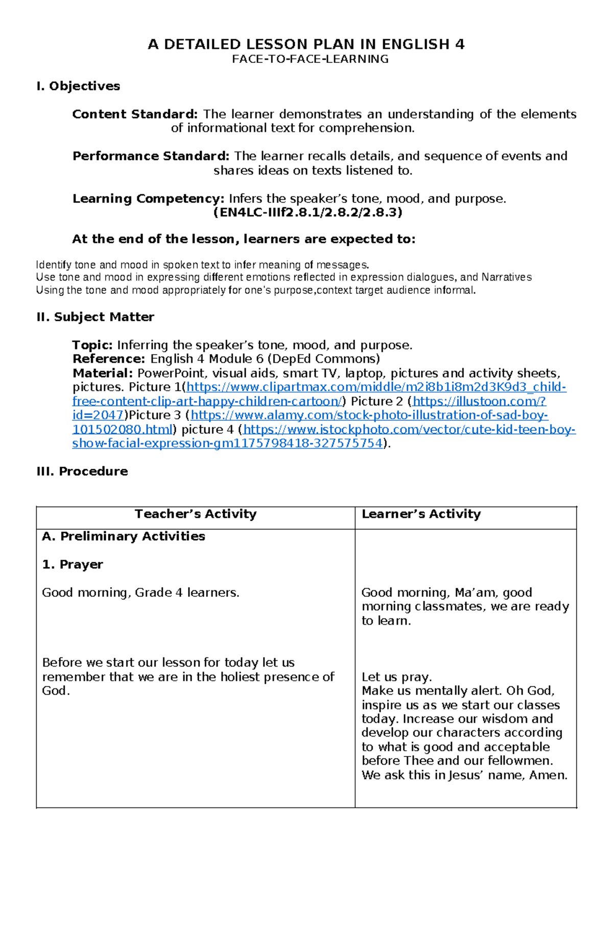 Detailed Lesson Plan: Inferring Tone, Mood & Purpose in English 4 - Studocu