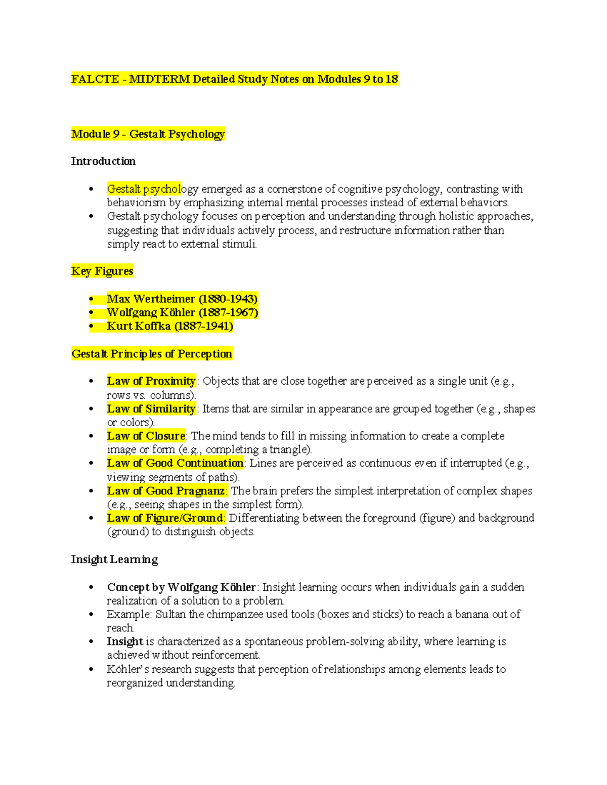 FALCTE MIDTERM Study Notes: Modules 9-18 Overview - Studocu