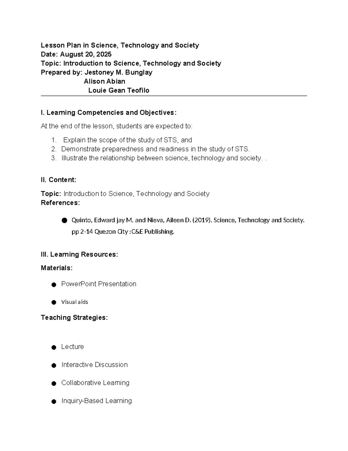 Lesson Plan for STS: Introduction to Science, Technology, and Society ...