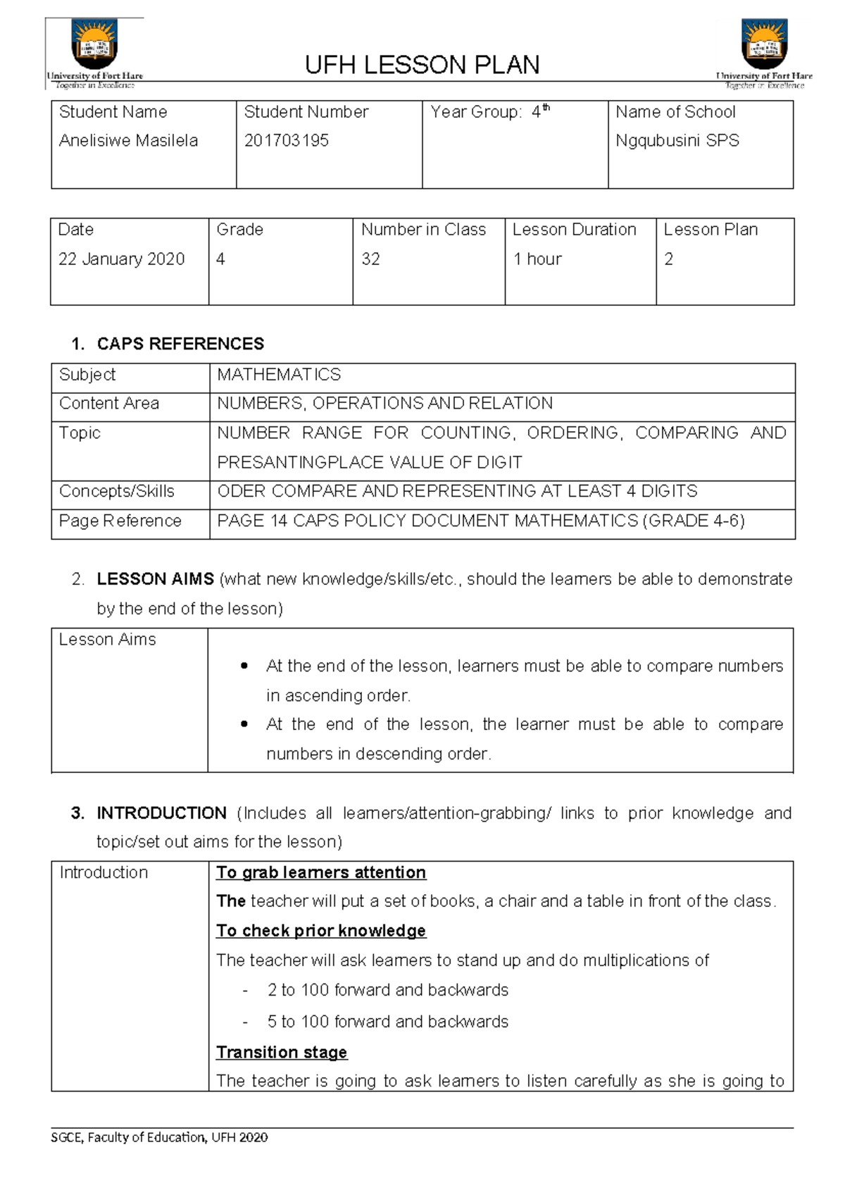 Grade 4 Mathematics Lesson Plan Template - Numbers & Operations - Studocu