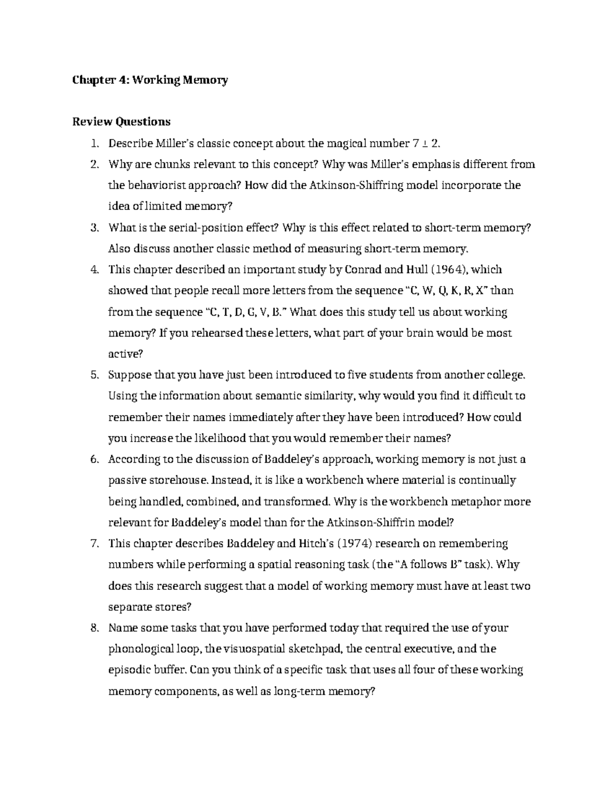 Chapter 4: Working Memory - Key Concepts and Review Questions - Studocu