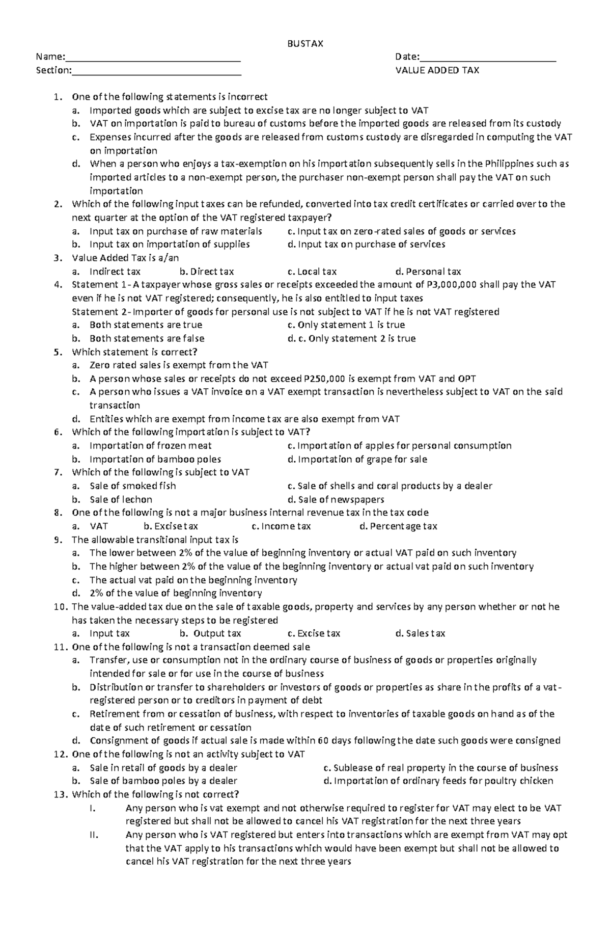 Value Added Tax (VAT) Problems - Comprehensive Study Guide - Studocu