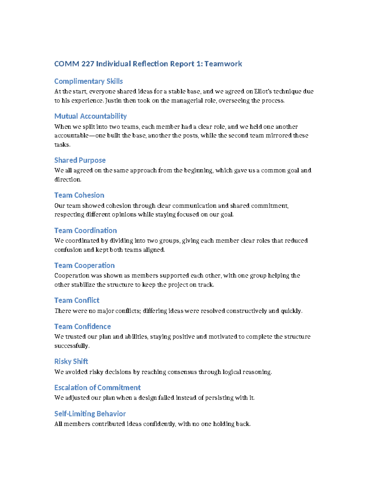 COMM 227 Individual Reflection Report: Teamwork Skills Analysis - Studocu