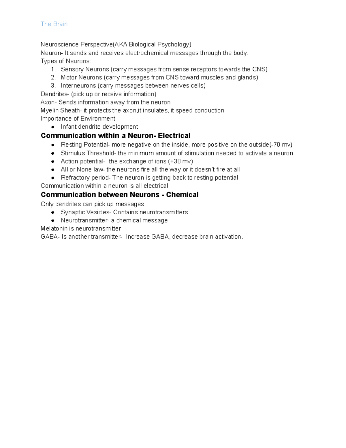 Neuroscience Overview: Brain Structure & Functions (PSY 101) - Studocu