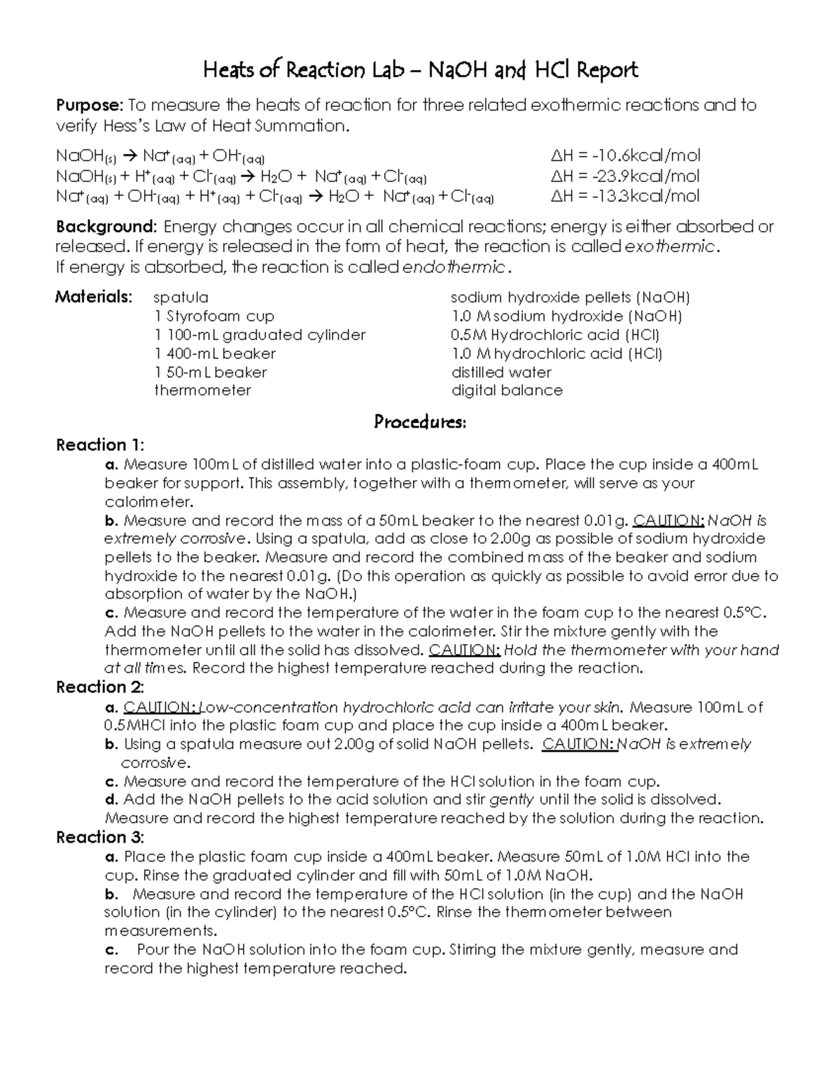 Lab Report: Heats of Reaction for NaOH & HCl (Chem 202) - Studocu