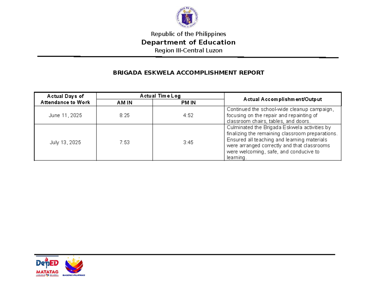 Brigada Eskwela- Accomplishment Report - Republic of the Philippines ...