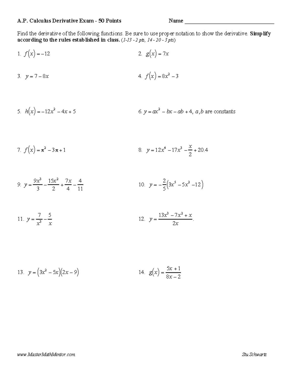 5 Derivatives Exam - wdasdwas - MasterMathMentor Stu Schwartz A ...