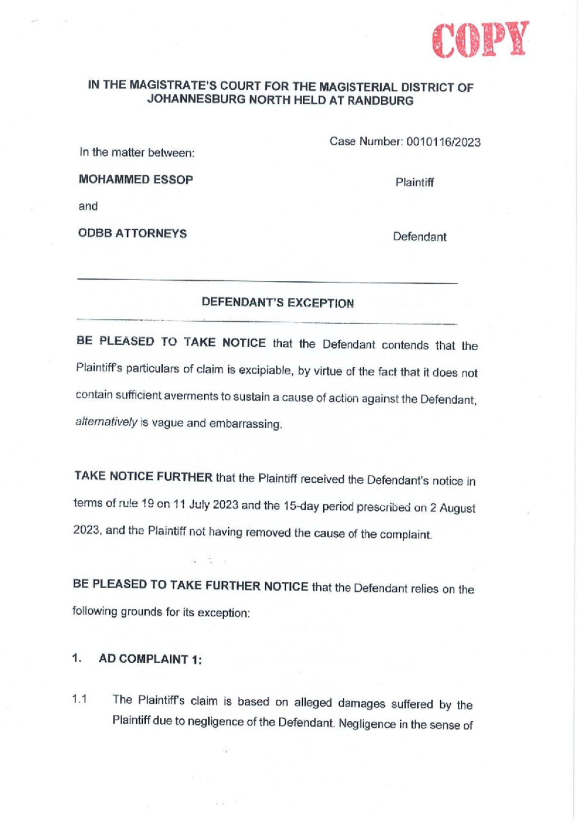 Exception Notice in Case No. [Insert Case Number] - Mohammed Essop vs ...