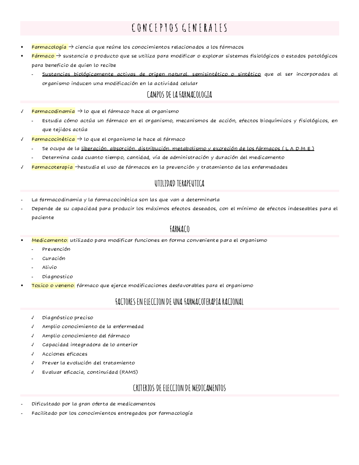 Solemne 1 Farmacologia 1 - C O N C E P T O S G E N E R A L E S FarmacologÌa → ciencia que re ̇ne ...