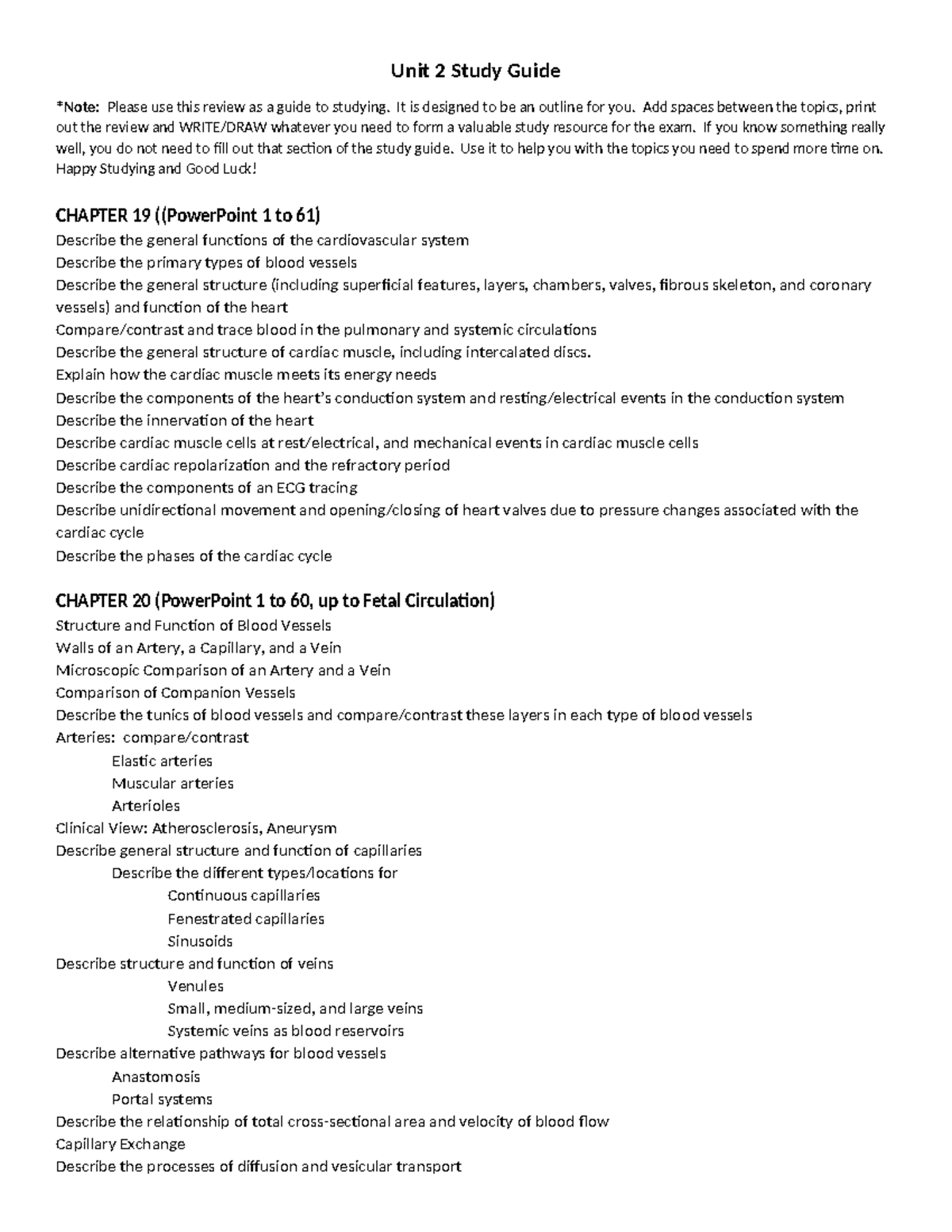 Unit 2 Study Guide: Cardiovascular System & Blood Vessels Topics - Studocu