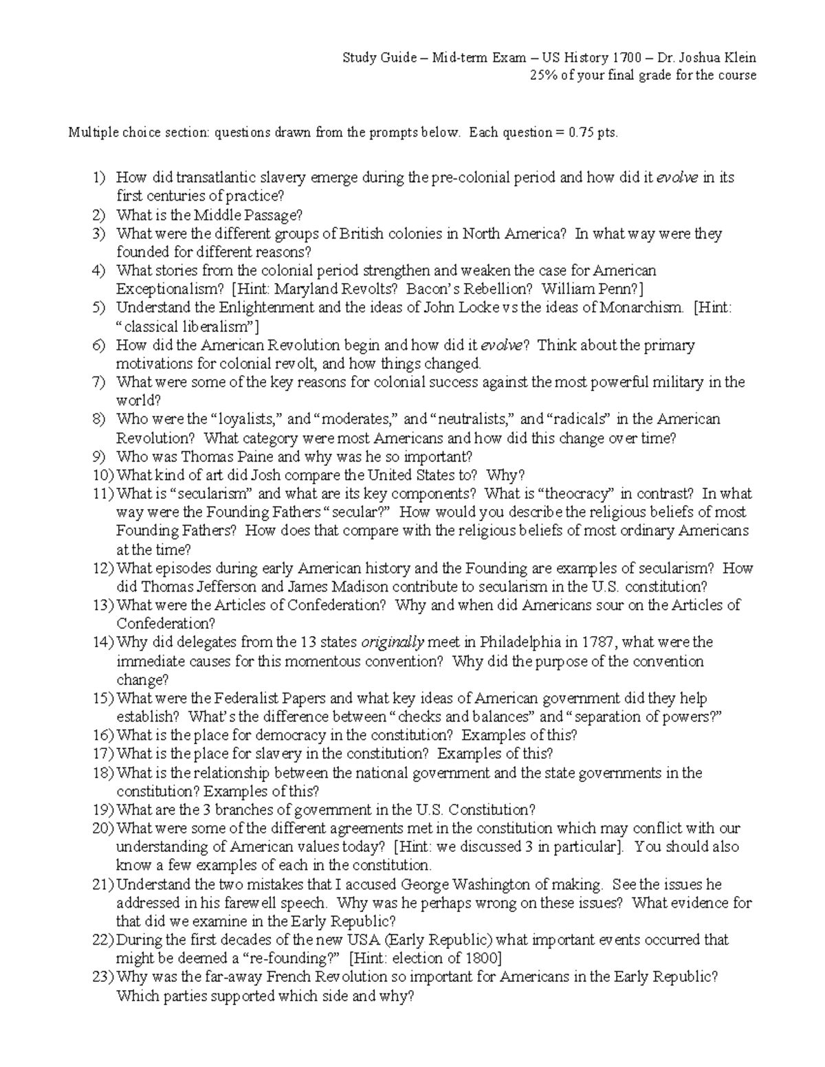 Midterm Exam Study Guide – US History 1700 by Dr. Klein - Studocu