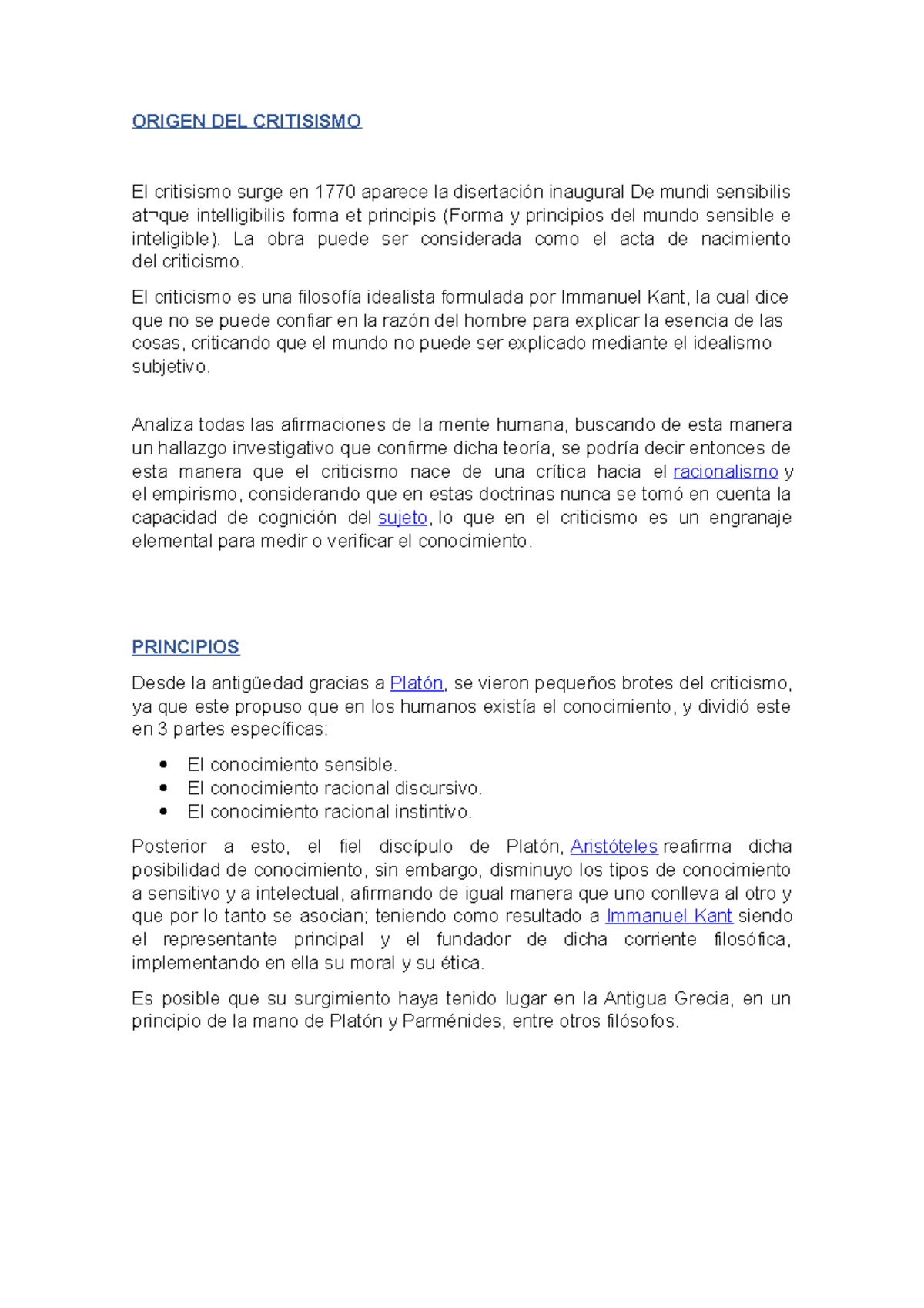 Origen del Criticismo: Principios y Ejemplos Filosóficos - Studocu