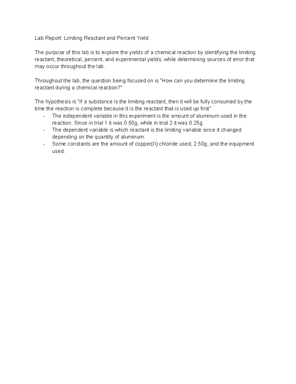 Lab Report: Limiting Reactant & Percent Yield Analysis - Studocu