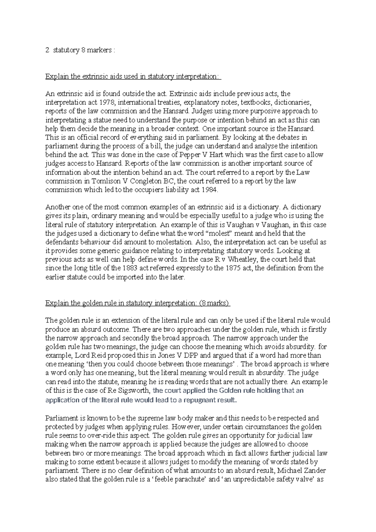 Statutory Interpretation: Extrinsic Aids & Golden Rule (Law 101) - Studocu
