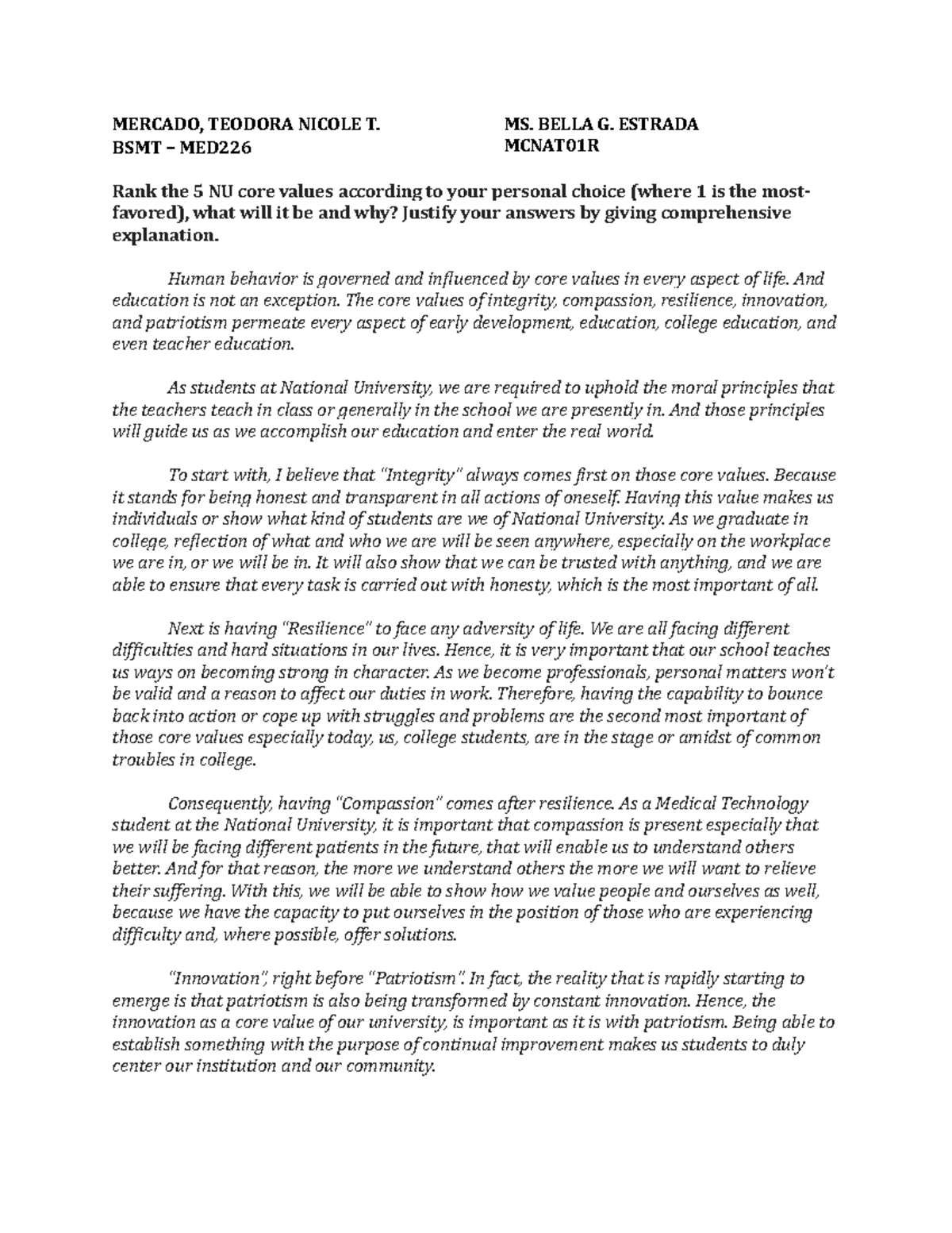 Rank the 5 NU core values according to your personal choice - MERCADO ...