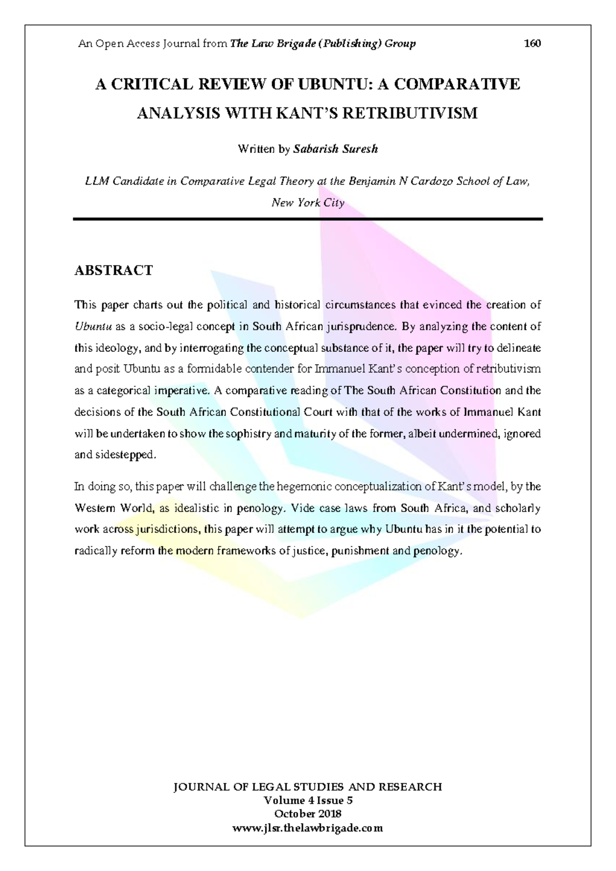 A Critical Review of Ubuntu vs. Kant’s Retributivism (LLM Comparative ...