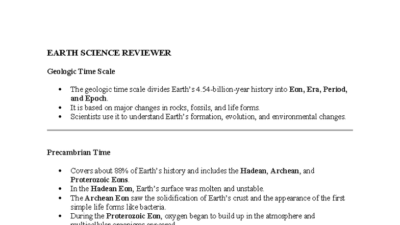 Earth Science Reviewer: Geologic Time Scale Overview - Studocu