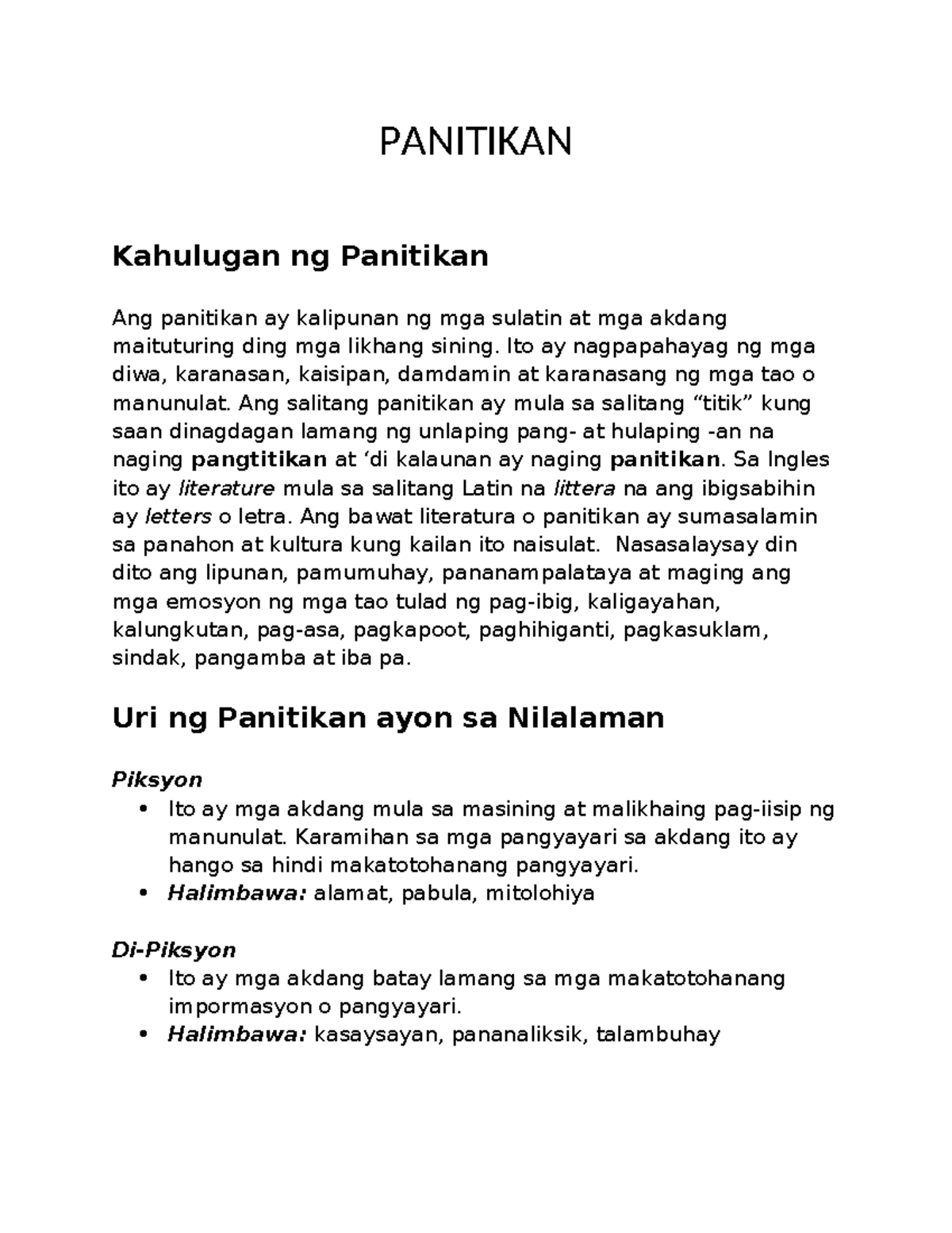 Panitikan - Lesson 1: Kahulugan, Uri, at Paraan ng Paglaganap - Studocu