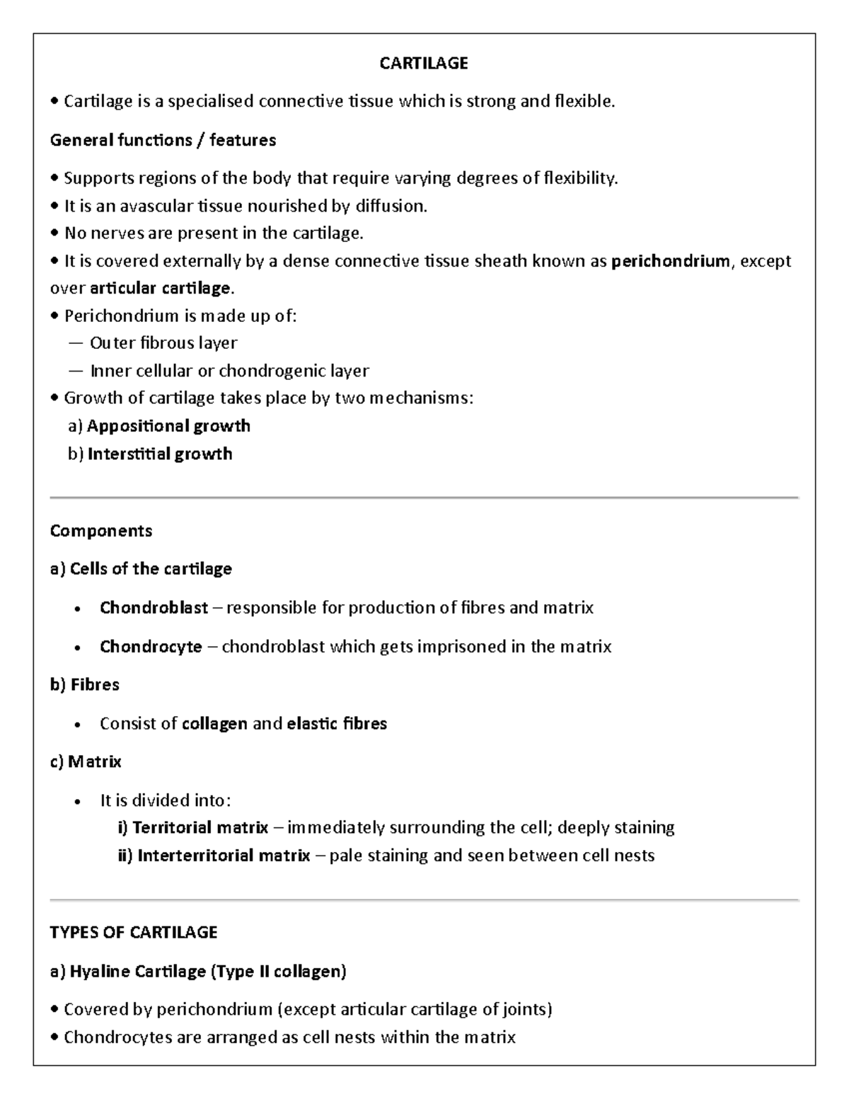 CARTILAGE: Structure, Functions, and Types Overview - Studocu