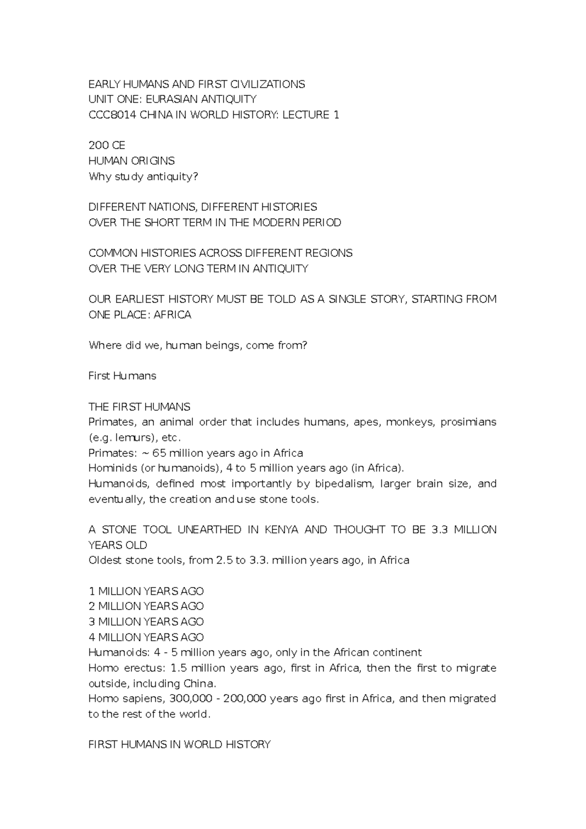 CCC8014 Lecture Notes: Summary of China's Early Civilizations - Studocu