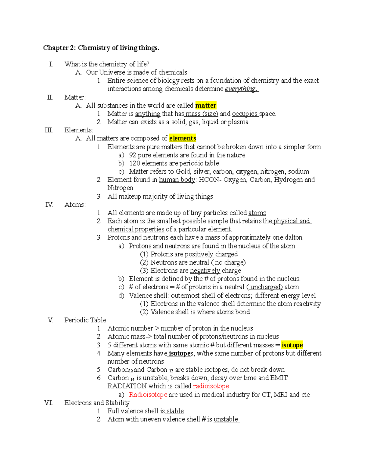 Chapter 2 - notes - Chapter 2: Chemistry of living things. I. What is ...