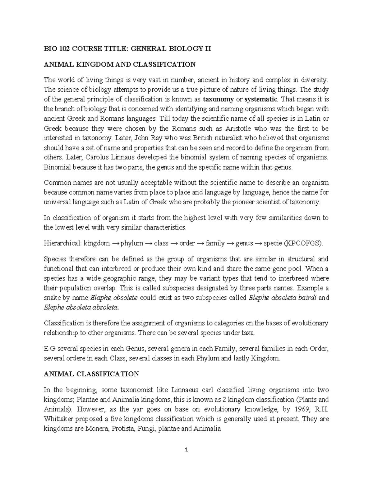 BIO 102 - General Biology II: Animal Kingdom & Classification Notes ...