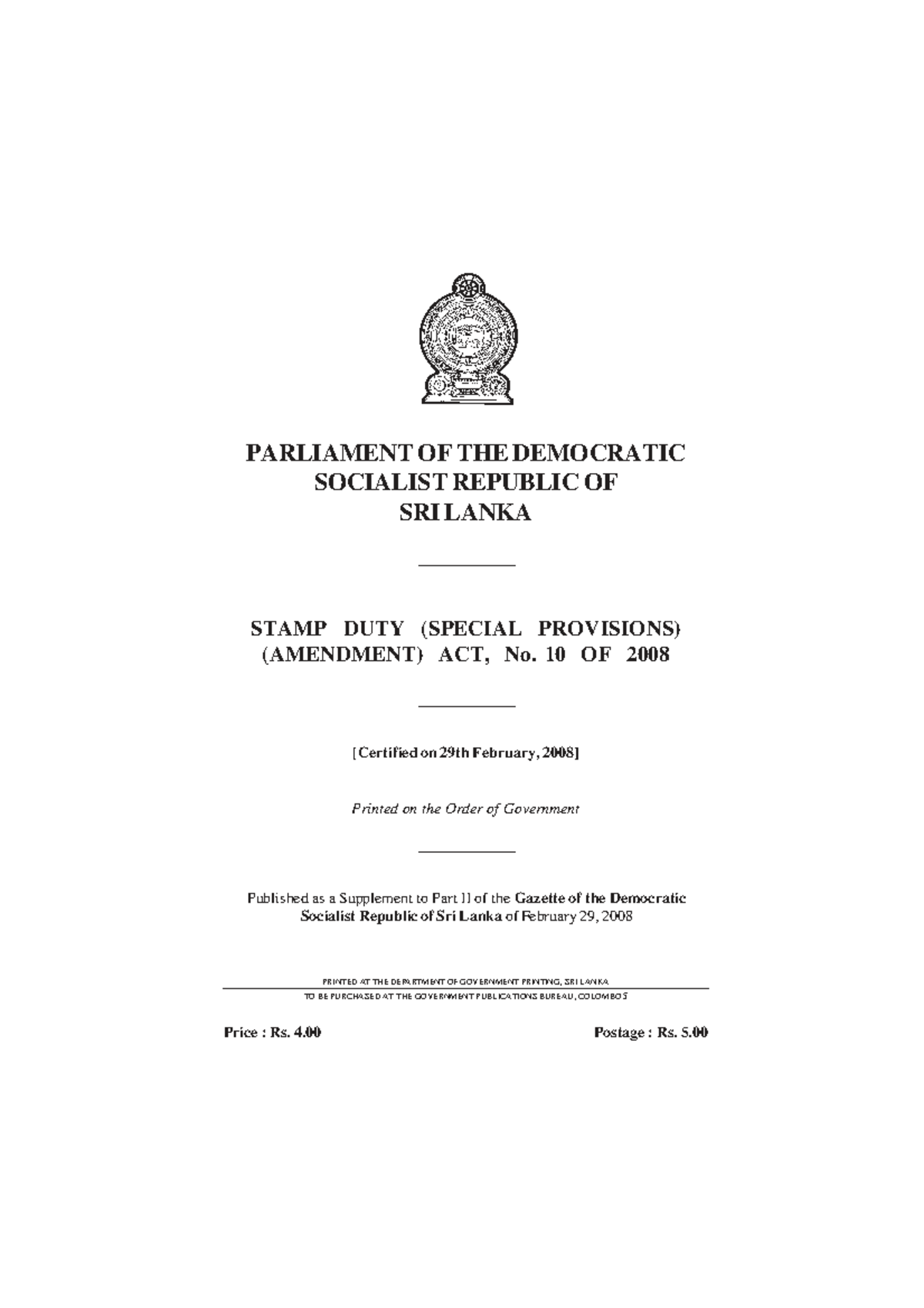 Stamp Duty (Special Provisions) (Amendment) Act, No. 10 of 2008 - Studocu
